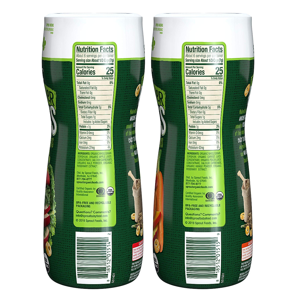 Sprout Organic Baby Food, Stage 2 Snacks, Carrot Mango and Apple Kale Plant Power Baby Puffs Variety Pack, 1.5 Oz Canister (6 Count)