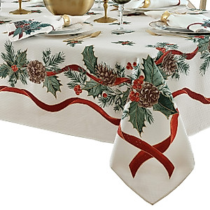 Lintex Evergreen Garland Double Ribbon Bordered Cottage Christmas Tablecloth, Holly and Pine Cone Country Xmas Holiday Easy Care Fabric Tablecloth, 52 Inch x 52 Inch Square