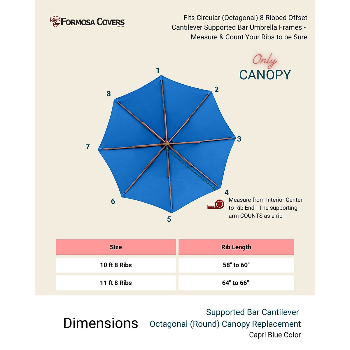 Formosa Covers Replacement Umbrella Canopy for 11ft 8 Rib Supported Bar Cantilever Market Outdoor Patio in Capri Blue Rib Length 64" to 66" Premium Vibrant Olefin Fabric (Canopy Only) (11ft 8 ribs)