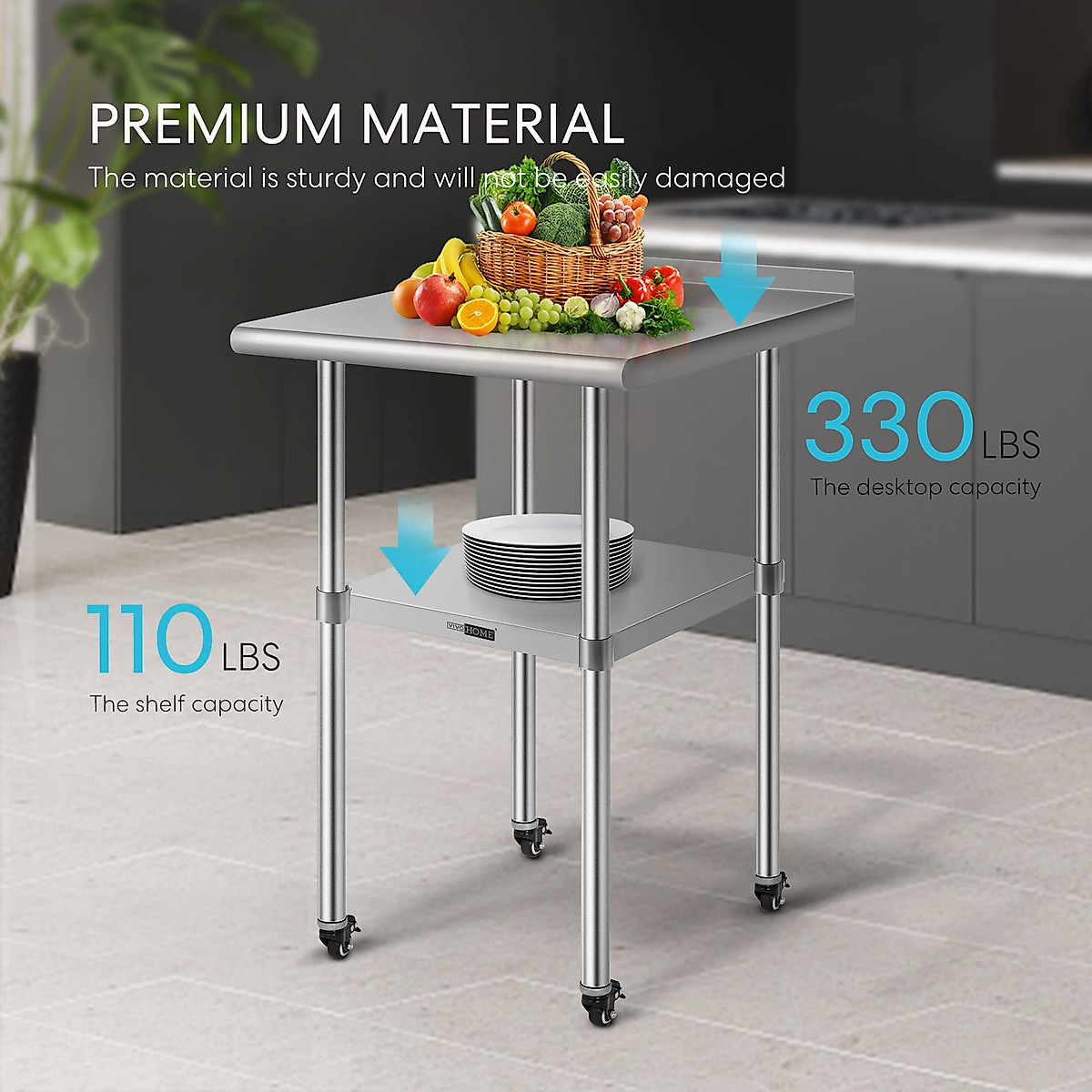 VIVOHOME 24 x 24 Inch Stainless Steel Work Table with Backsplash, Prep Commercial Table with Wheels for Restaurant, Hotel, Home and Warehouse
