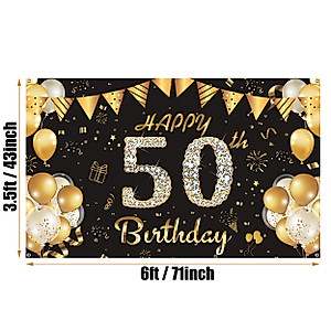50th Birthday Backdrop Banner, Large Black Gold Happy 50th Birthday Banner, Men Women 50th Birthday Party Decorations, Cheers to 50 Years Banner for Garden Table Wall Decoration Outdoor Indoor