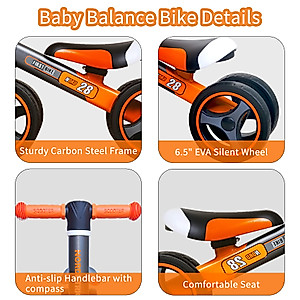 Baby Balance Bike, Built-in Compass Toddler Bikes 18-36 Months Toys for 1 Year Old Gift Bike, Train Baby from Standing to Running, Baby Bike with 4 Silent Wheels, First Birthday Gifts(Orange)