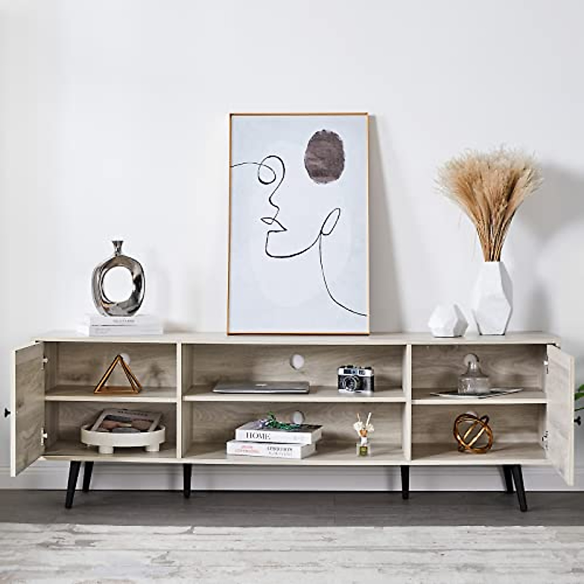 AMERLIFE 70 Inch TV Stand Mid-Century Wood Modern Entertainment Center Adjustable Storage Cabinet TV Console for Living Room Suitable for TV up to 80", Stone White