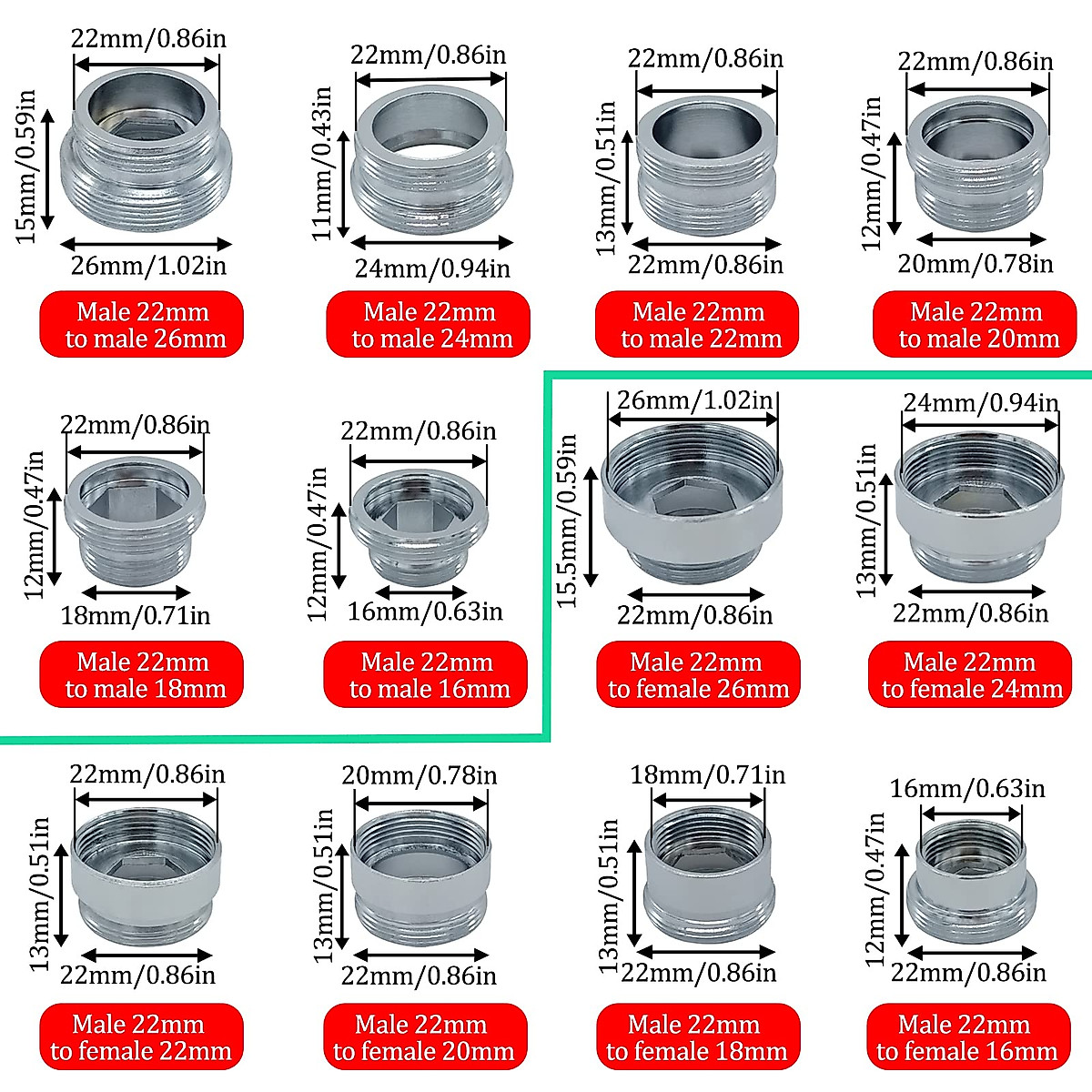 12 Pieces Faucet Adapter Kit Kitchen Aerator Adapter Male To Female,Male To Male Faucet Adapter Water Hose Adapter(Faucet Adapter Various Sizes)