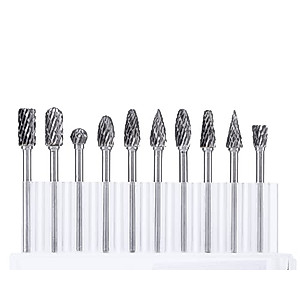Yoption 10Pcs Double Cut Tungsten Carbide Rotary Burrs Set, with 3mm (1/8 Inch) and 6 mm (1/4 Inch) Head for Wood & Stone Working, Drilling, Steel Metal Carving, Polishing, Engraving