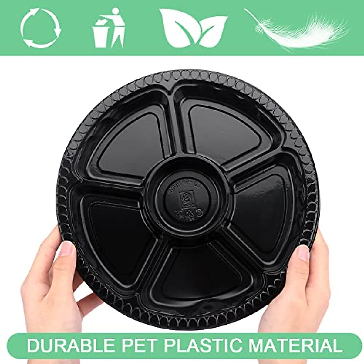 16 Pack Round Appetizer Serving Trays with Lids & 100Pcs Forks,6 Divided Compartments Disposable Food Storage Containers Serving Plate Veggie Trays(Black)