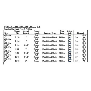 US STAINLESS 100 Pieces US Stainless 316 A4#12-11 x 2 Self Tapping Machine Screw Flat Head Type A Phillips