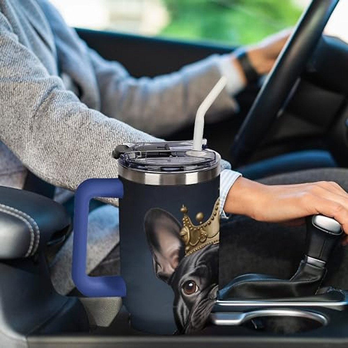 Funny French Bulldog Frenchie with A Golden Crowness 40 Oz Car Cup Stainless Steel Travel Mug Leak-Proof Insulated Tumbler with Handle Deep Blue-style