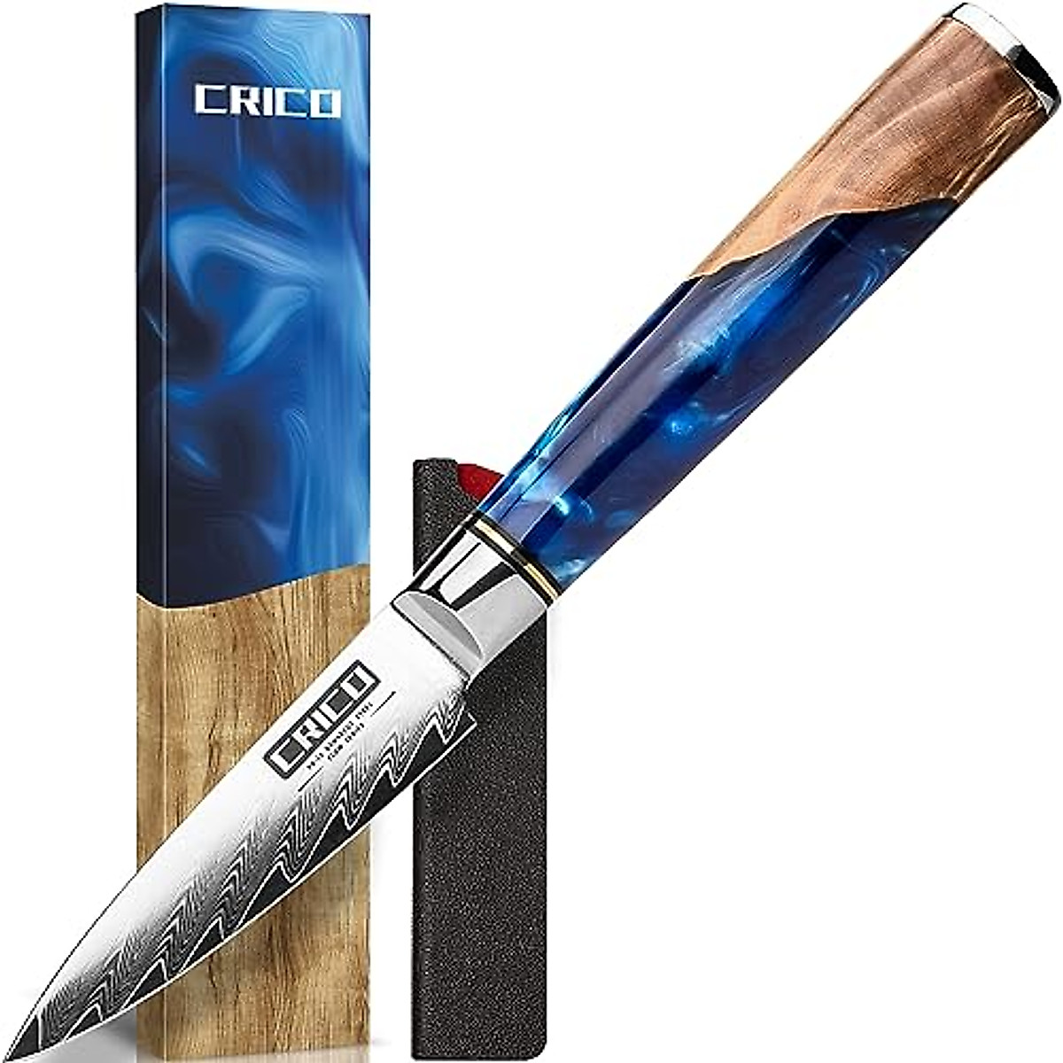 CRICO Paring Knife 3.5 inch Fruit Knife, Small Kitchen Knives, VG10 Damascus Super Steel 67-Layers, Full Tang Wood&Resin Handle, Gift Box - Flow Series