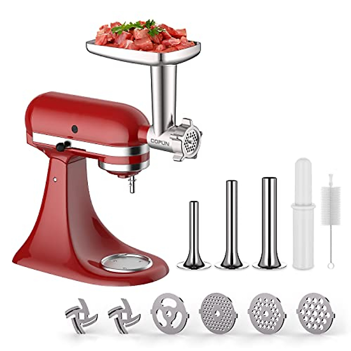 Metal Meat grinder attachment for KitchenAid stand mixers, Meat Grinder Attachment Includes 4 Grinding Plates, 3 Sausage Stuffer Tubes, 2 Grinding Blades, Meat Grinder and Sausage Stuffer by COFUN