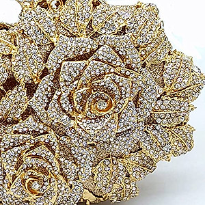 Dazzling Women Gold Rose Flower Hollow Out Crystal Evening Metal Clutches Small Minaudiere Handbag Purse Wedding Box Clutch Bag (D)