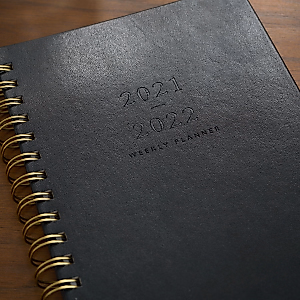 russell+hazel 2021 to 2022 Weekly Academic Planner, Black Vegan Leather Cover, A5, Spiral Bound, 5.25” x 8” (58613)