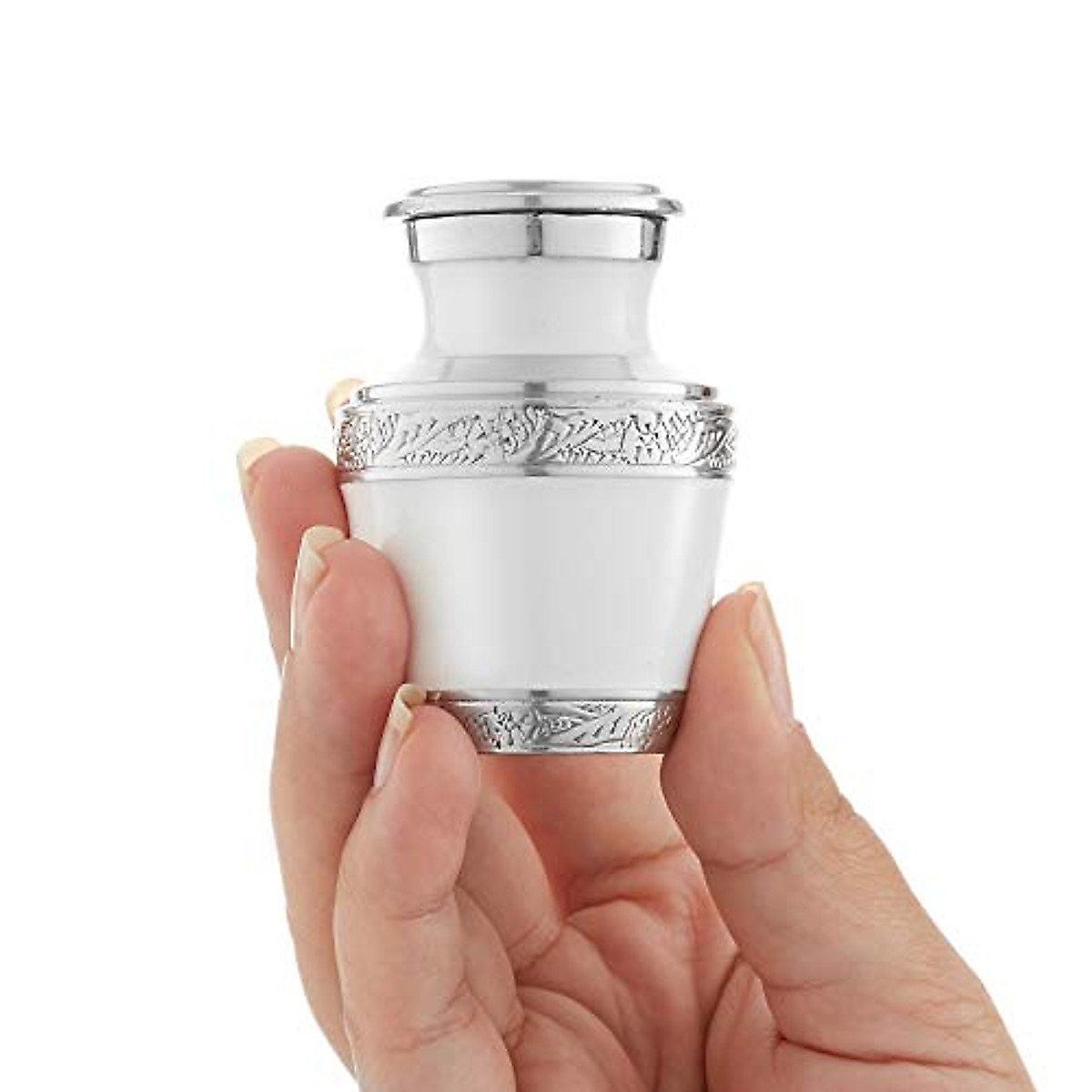 Reminded Small Cremation Urns for Human Ashes, Mini Keepsake Set of 4 White and Silver with Velvet Case
