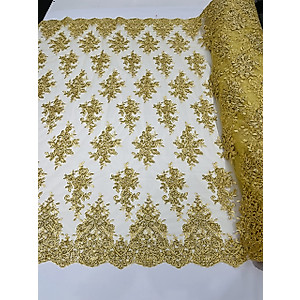 New Creations Fabric & Foam Inc, 50" Wide Floral Design Embroidery On A Mesh Lace with Sequins and Cord Fabric (1 Yard, Metallic Gold)