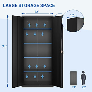 FLEXIMOUNTS Metal Storage Cabinet, 5-Tier Locking Cabinet with 4 Adjustable Shelves and 2 Doors, 71" H, Large-Capacity Cabinet for Garage, Home, Office, Laundry Storage, Black