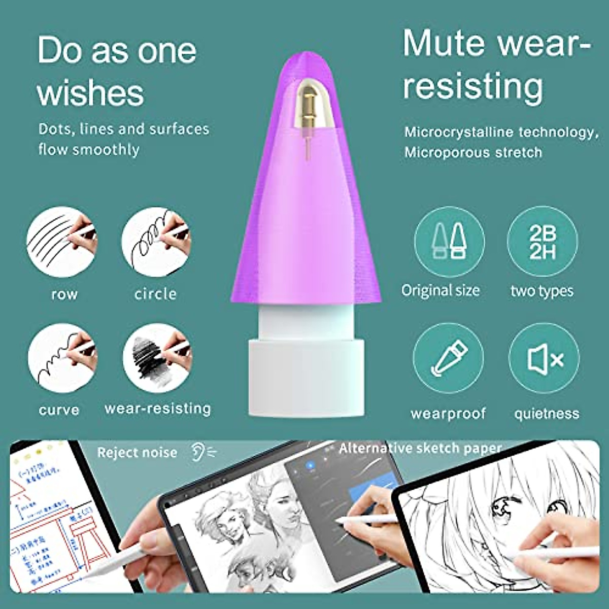 Pencil Tips Soft Wear-Resistant Damping Pen Tip for Apple Replacement 2B Stylus Fine Nib Compatible with iPad Air Mini Pro Apple Pencil 1st Gen & 2nd Generation - 6+2 Packs