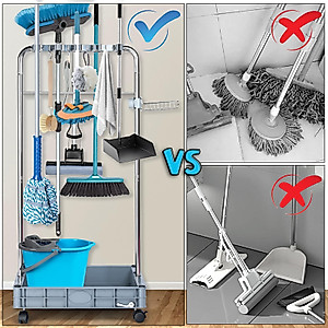 Broom Holder Organizer Movable Closet Storage Cabinet Mop Rack Floor Standing Cleaning Tool Cart For Garden Garage Schools Hotels Hospitals Factories Property Companies Restaurant (with Tank)