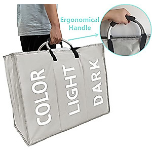 Slim Laundry Hamper 3 Section Sorter with Handles Large Capacity Foldable 19" Tall Waterproof Laundry Basket for Dirty Clothes Storage (light grey)