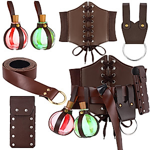 Ramede Halloween Cosplay Accessories Leather Ring Belt Witch Wizard Waist Corset Cork Potion Bottle Medieval Pouch(Brown)
