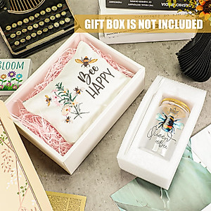 Hushee Set of 3 Bee Theme Gifts Honey Bee Cup Wine Glass with Lid Straw and Bee Makeup Bag and Bee Keychain for Thanksgiving Christmas Gifts for Women Teachers Employee Bee Lovers