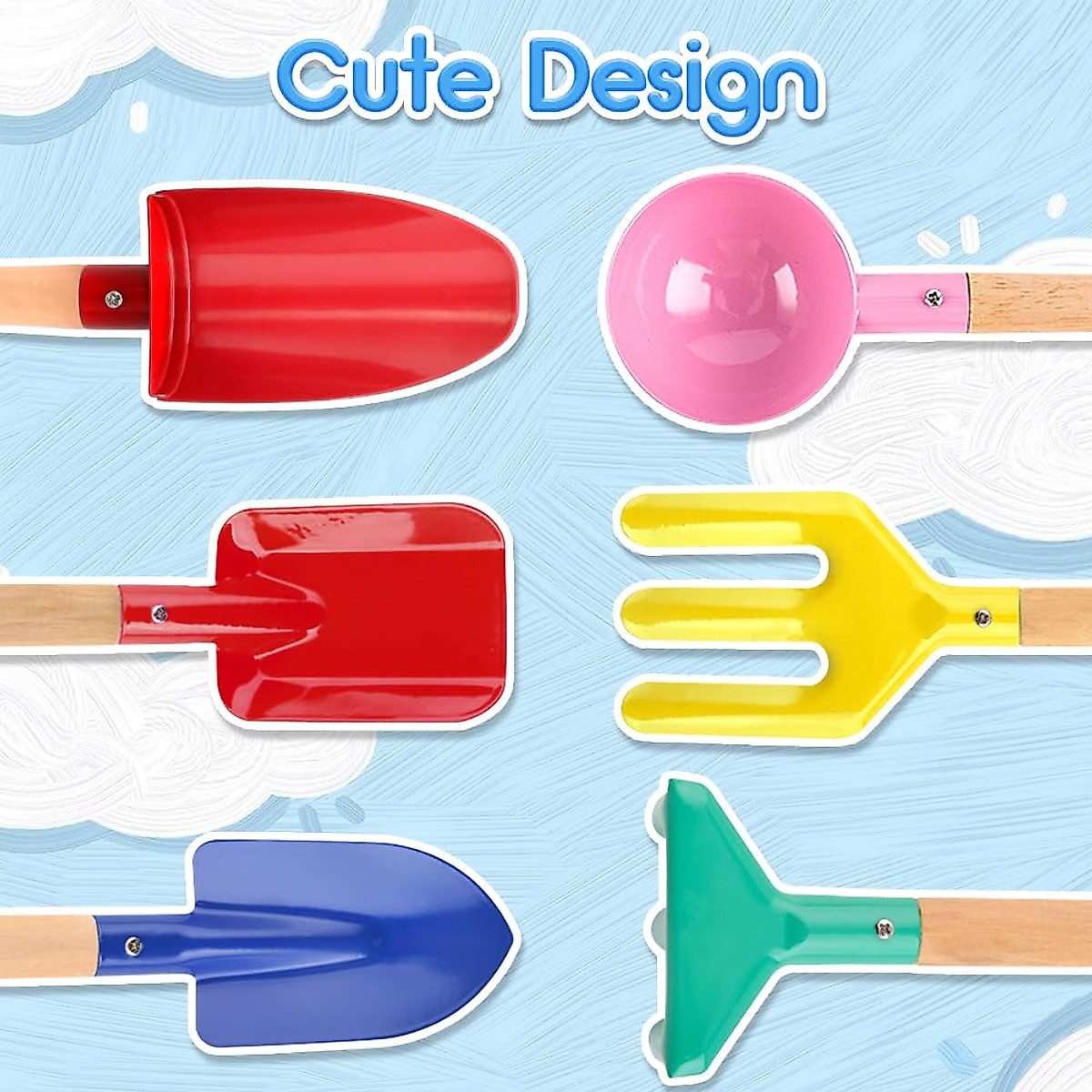 UMUACCAN 6 Piece Kids Beach Tools,Children Beach Sand Toys, Made of Metal with Sturdy Wooden Handle,Safe Beach Gardening Set,Spoon, Fork, Trowel, Rake & Shovel, Gifts for Kids