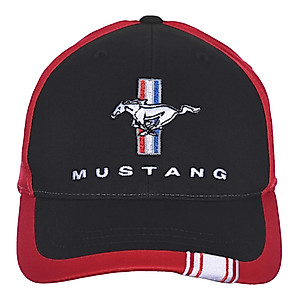 Checkered Flag Men's Ford Mustang Cap Logo Rally Stripe Black & Red Hat