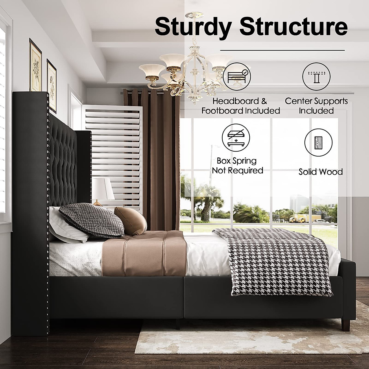 PaPaJet King Size Bed Frame 61.4" Tall Headboard Upholstered Velvet Platform Bed with Handmade Deep Button Tufted/No Box Spring Required/Black