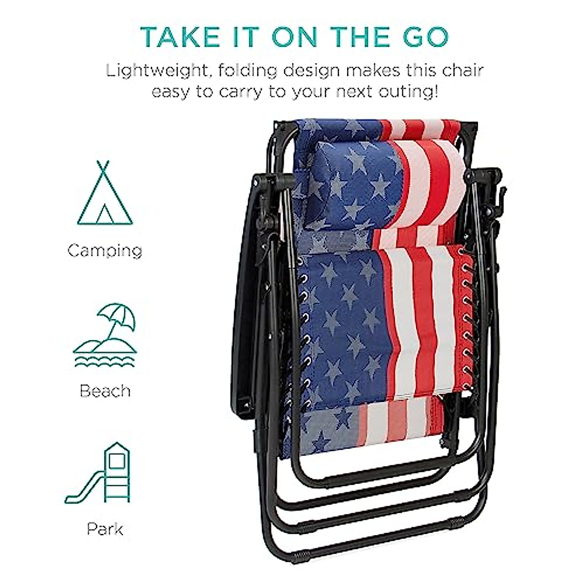 Best Choice Products Folding Zero Gravity Outdoor Recliner Patio Lounge Chair w/Adjustable Canopy Shade, Headrest, Side Accessory Tray, Textilene Mesh - American Flag