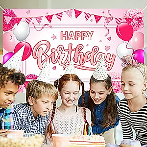 Hot Pink Happy Birthday Banner Backdrop Decorations for Girls Women, Happy Birthday Party Sign Supplies, Large 10th 16th 21st 30th 40th 50th Birthday Background Photo Booth Props Decor