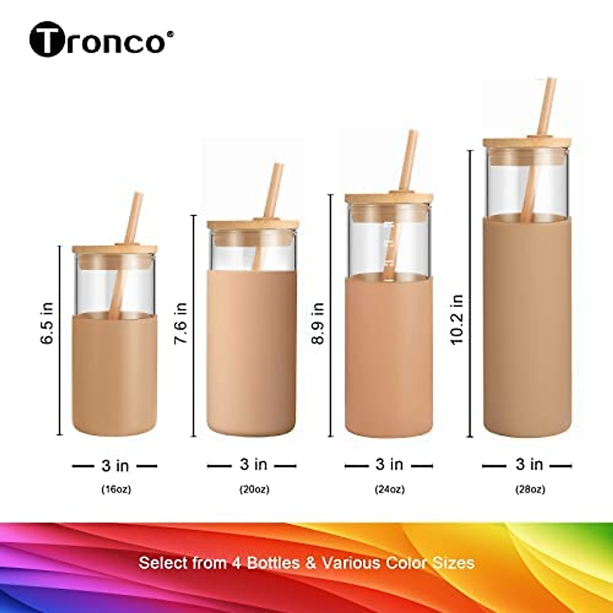tronco 20 oz Glass Tumbler Glass Water Bottle Straw Silicone Protective Sleeve Bamboo Lid - BPA Free (Colored spots /1pack)