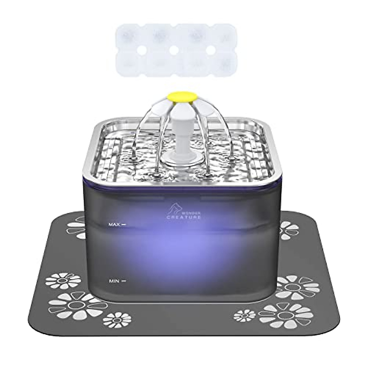 Crystal Cat Water Fountain Stainless Steel, 100oz/3L Pet Fountain with Transparent Base and LED Light, 3 Replacement Carbon Filters and 1 Foam Filter(Grey)