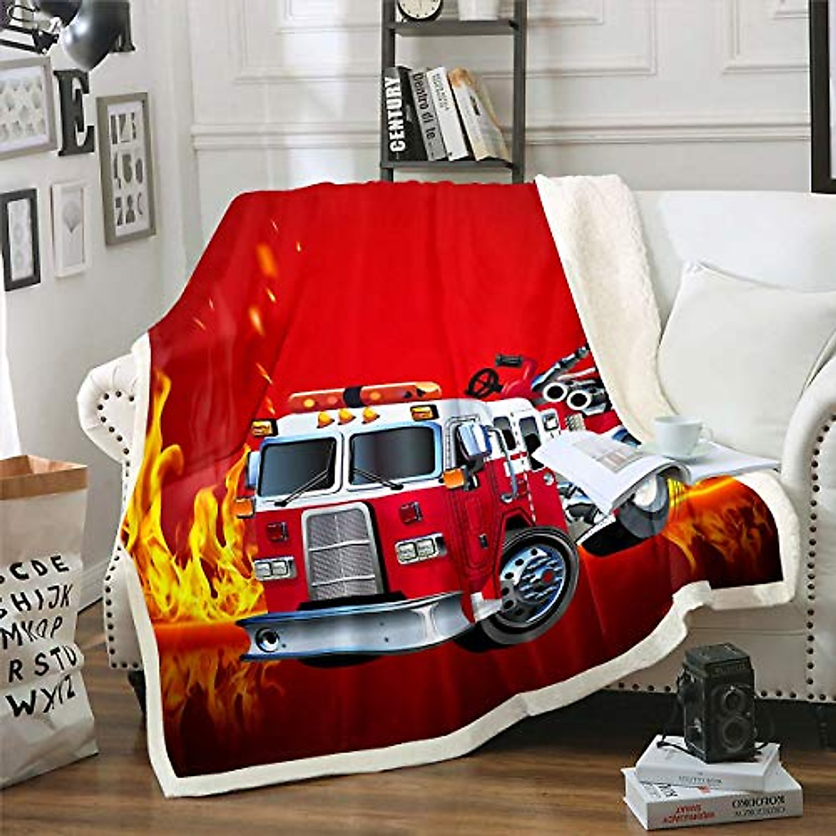 Firefighter Truck Sherpa Blanket Firemen Car Vehicle Fleece Throw Blanket for Bed Couch Sofa Children Bedroom Decor Fire Engine Pattern Plush Blanket Red Fuzzy Blanket Baby 30"x40"