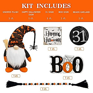 Halloween Decor - Halloween Decorations - BOO Happy Halloween Wooden Signs - Cute Gnomes Plush and Bead Garland - Farmhouse Rustic Tiered Tray Decor Items for Home Table House Room