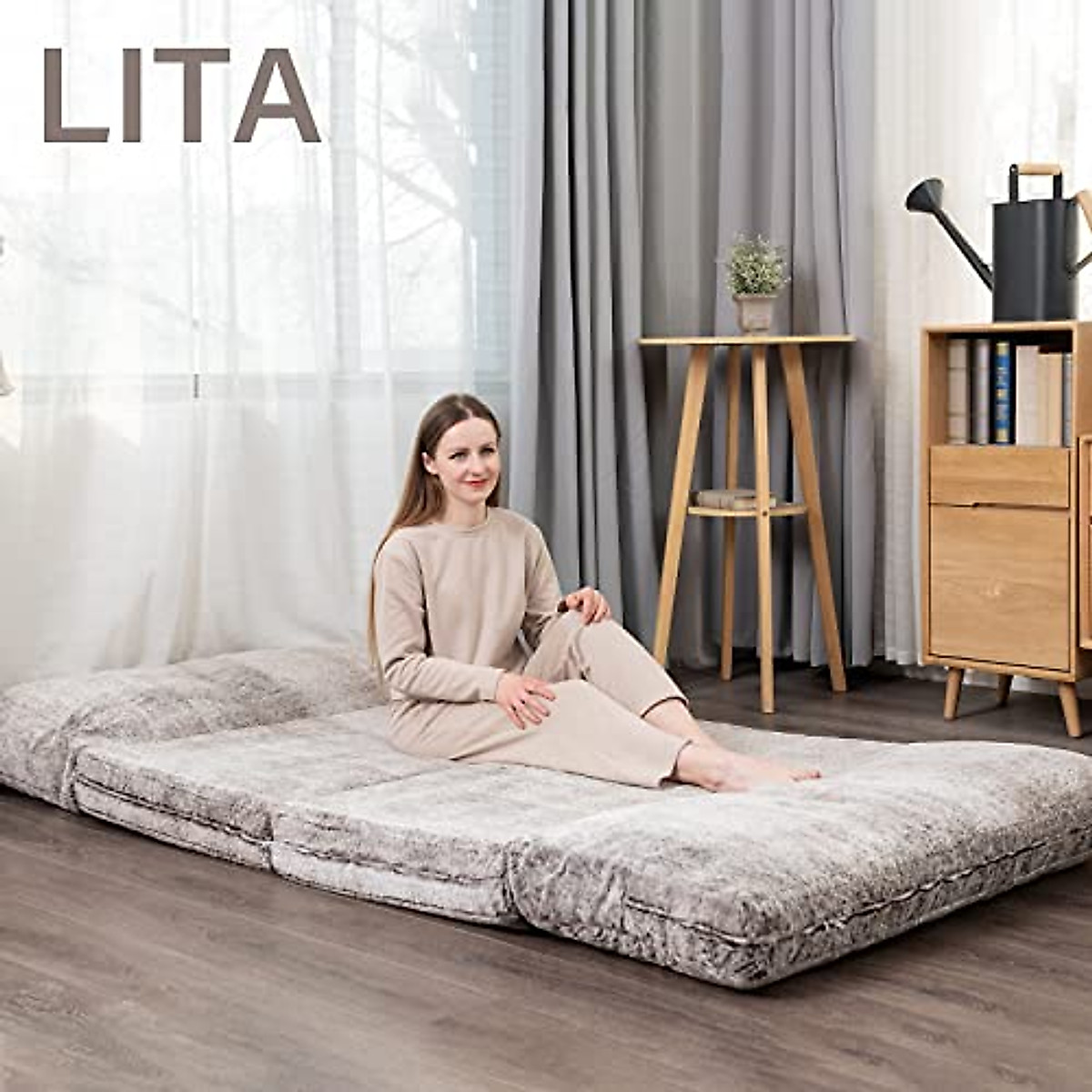LITA Folding Mattress Sofa, Foldable Double Sofa Bed Foam Filling Convertible Sleeper Sofa Bed Modern Soft Faux Fur Wall Sofa Bed with Removable Cover for Living Room/Apartment/Dorm, Coffee