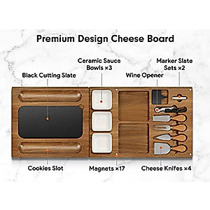 Easoger Acacia Cheese Board and Knife Set - 28" × 11" Extra Large Charcuterie Board Set, Magnetic 3 in 1 Cheese Tray Platter with Rich Accessories, Gift for House Warming, Anniversary, Christmas