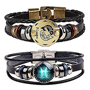 NIGHTCRUZ Constellation Braided Rope Bracelet - Punk Alloy Leather Bracelet - Hand Woven Braided Rope Bracelet Punk Chain Cuff 2 PCS (Pisces)