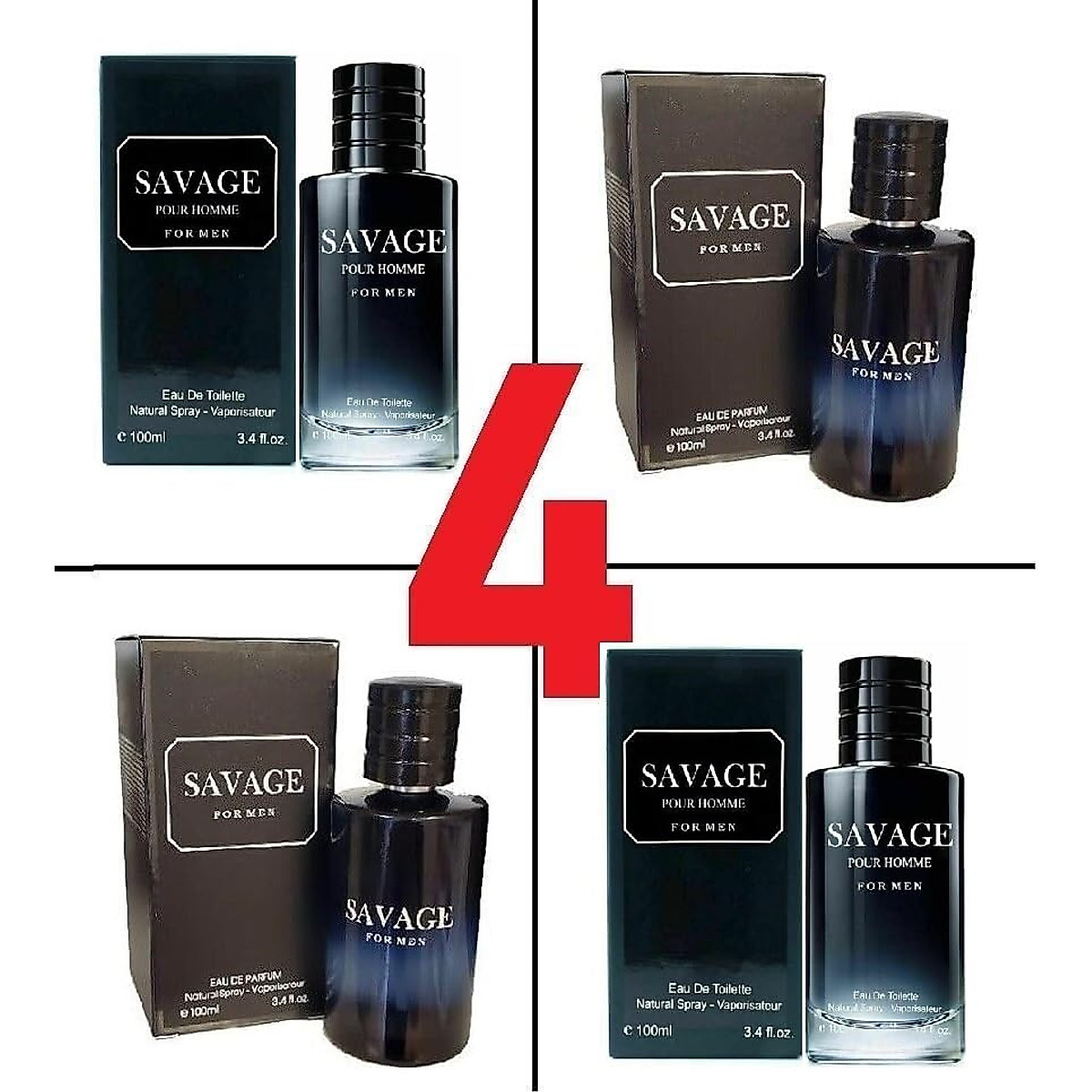 4 Pack Savage for Men | Inspired perfume |- 3.4 Oz Men's Eau De Parfum Spray & Eau de Toilette Spray - Refreshing & Warm Masculine Scent /100ml each (Pack of 4)