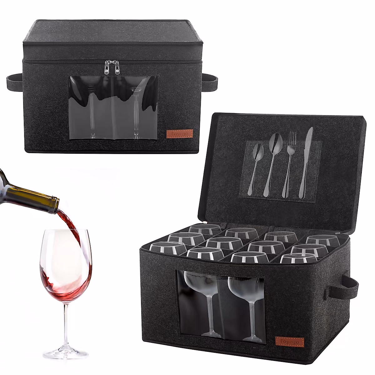 Foyego 2 Pack Wine Glass Storage Box with Dividers, Stemware Storage Containers for Packing and Moving, China Storage Containers Box for 12 Crystal Glassware, Wine Glasses, Drinkware