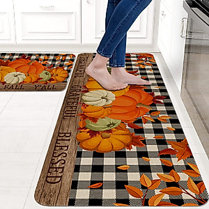 Eikunn Fall Kitchen Rugs and Mats Set of 2,Autumn Pumpkin Kitchen Mat for Floor, Buffalo Plaid Holiday Non-Slip Kitchen Sink Mats Home Decor Doormat+Runner Rug