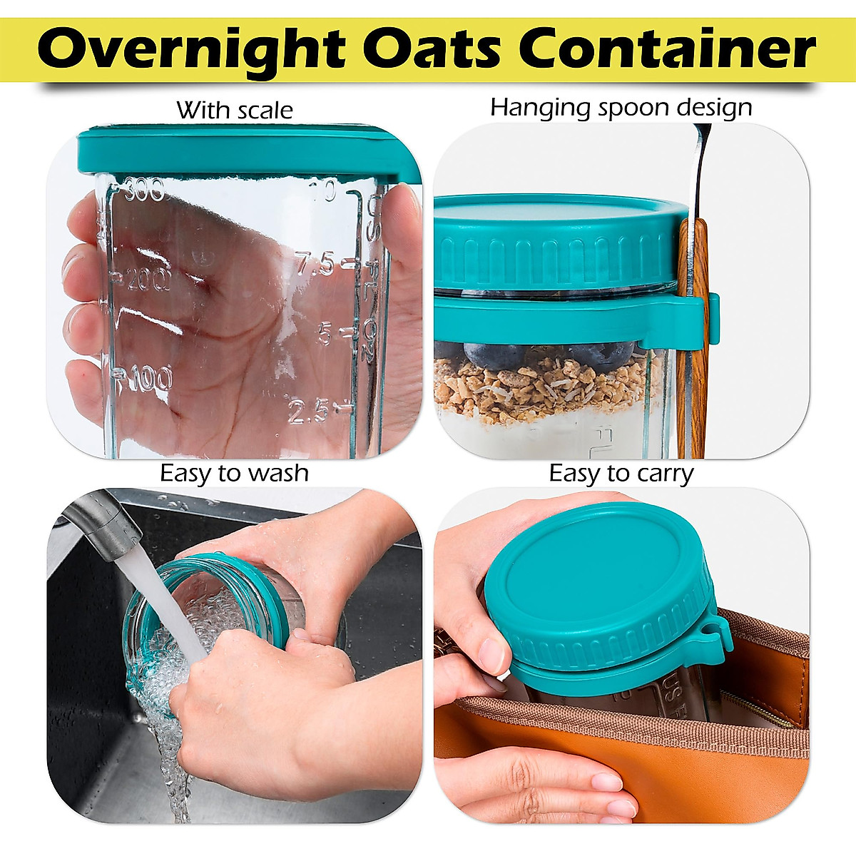 CJWM - 2 Pack 10 Oz Overnight Oats Containers with Lids and Spoon Glass Meal Prep Containers Oats Yogurt and Granola Container To Go Jars Oatmeal Container Leak-Proof