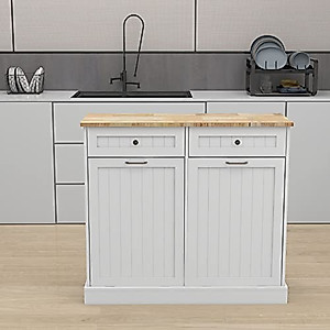 OQSC Double Tilt Out Trash Cabinet with 2 Drawers Wooden Free Standing Laundry Sorter Cabinet Kitchen Recycling Trash Can Bin Holder Cabinet with Storage (White)