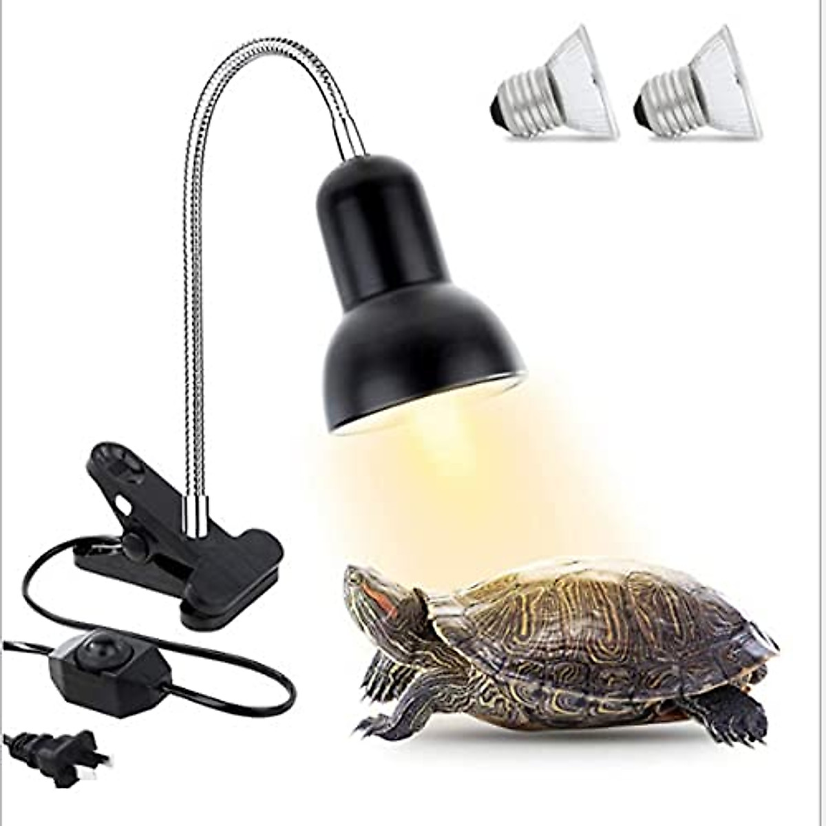 Reptile Heat Lamp, Turtle Tank Aquarium UVA UVB Light with Bracket and Adjustable Temperature Switch, Heating Light Lamp for Reptile Turtle Lizard Snake (with 2 Pack 50W Bulbs)