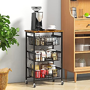 XYZLVSI Kitchen Storage Cart with Wheels, 4-Tier Metal Utility Rolling Cart Fruit Vegetable Storage Basket Pantry Rack with Wood Top & Pull Out Baskets for Kitchen, Livingroom, Diningroom, Office