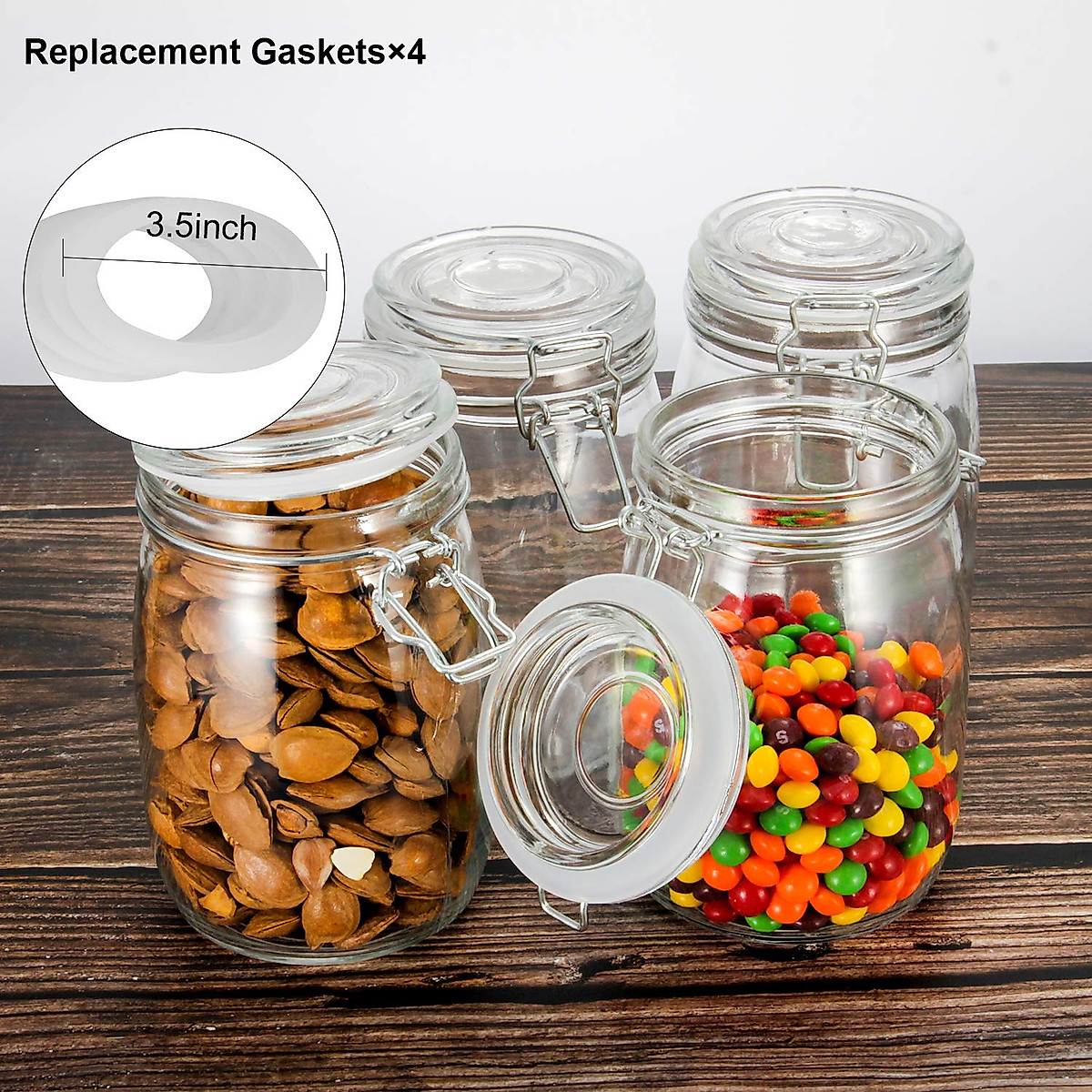 OAMCEG 4 Pack Wide Mouth Mason Jars - 34 OZ Airtight Glass Canning Jars with Leak Proof Rubber Gasket and Clip Top Lids, Perfect for Storing Coffee, Sugar, Flour or Sweets