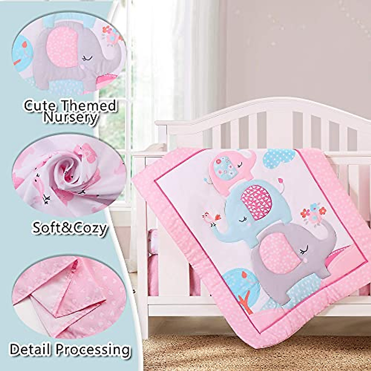 Honkaii Elephant Crib Bedding Set 4Pcs for Girls with Comforter Fitted Sheet Crib Skirt Diaper Stacker, Machine Washable, Suitable for 28 x 52 Inch Cribs, Lovely Nursery Crib Sets for Baby(Pink)