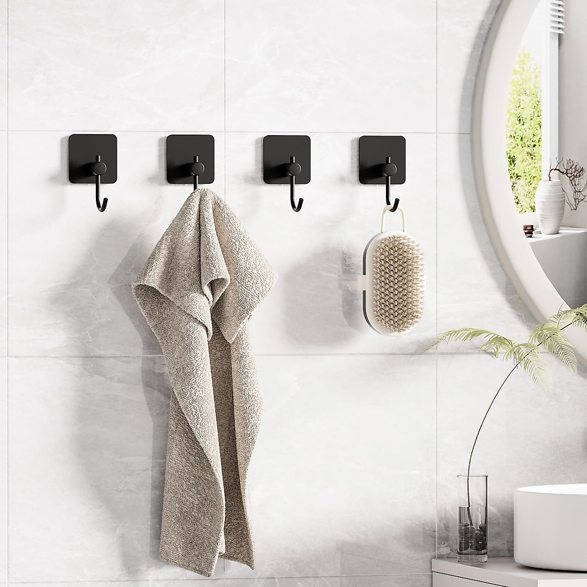 GWAAZXGZ Adhesive Towel Hooks for Bathroom- Black Sticky Hooks for Hanging Towel, Coat, Self Adhesive Hooks for Bathroom, Kitchen, Living Room, 4 Pack