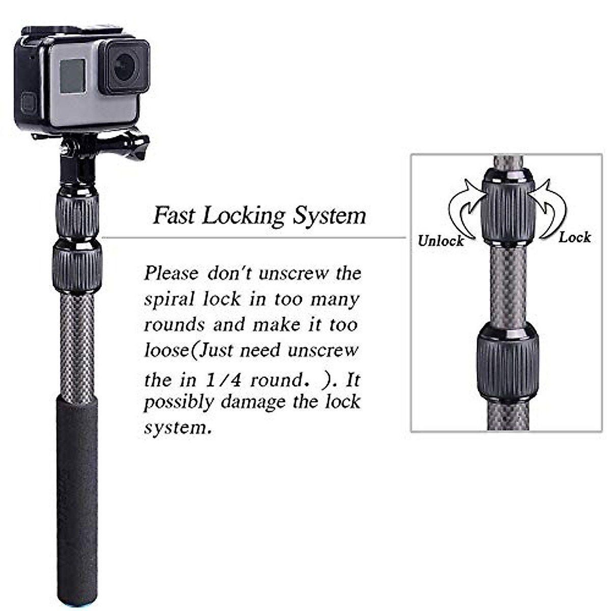 Smatree Carbon Fiber Detachable Extendable Floating Pole Selfie Stick Compatible for GoPro MAX/GoPro Hero 11/10/9/8/7/6/5/4/3 Plus/3/Session/GoPro Hero 2018/DJI OSMO Action 2 Camera