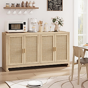 Rattan Accent Storage Cabinet with 4 Doors and Shelf - Modern Console Coffee Bar Cabinet for Dining Room, Kitchen, Living Room, Entryway Home Decor