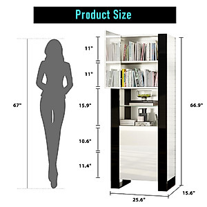 VanAcc High Gloss Modern Bookcase with LED Strip, Tall Bookshelf with Glass Adjustable Shelves, Bookcase with Doors for Living Room, Office, White