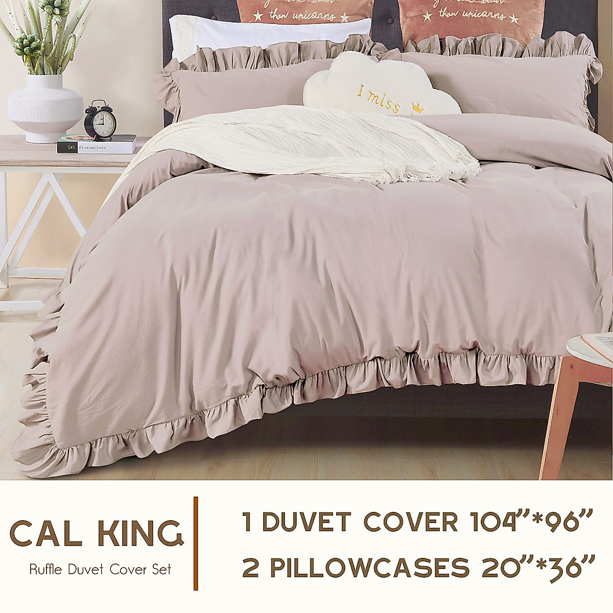 3 Pieces Duvet Cover Set Washed Cotton Taupe Ruffled Duvet Quilt Cover with Zipper Bedding Set Queen Size-Shabby Ruffle, Taupe